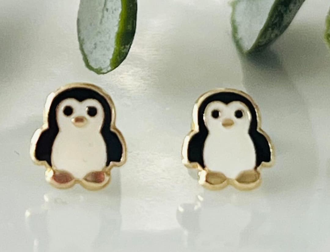 10k Gold Penguin Earrings, Penguin Gold Earrings, Penguin Studs for ...