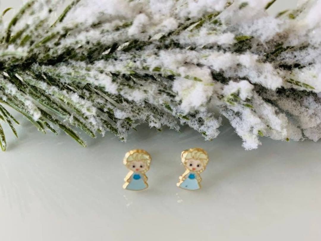 10k Gold Elsa Inspired Earrings, Girls Gold Earrings, Elsa Inspired Studs for Kids, Screw Back ...