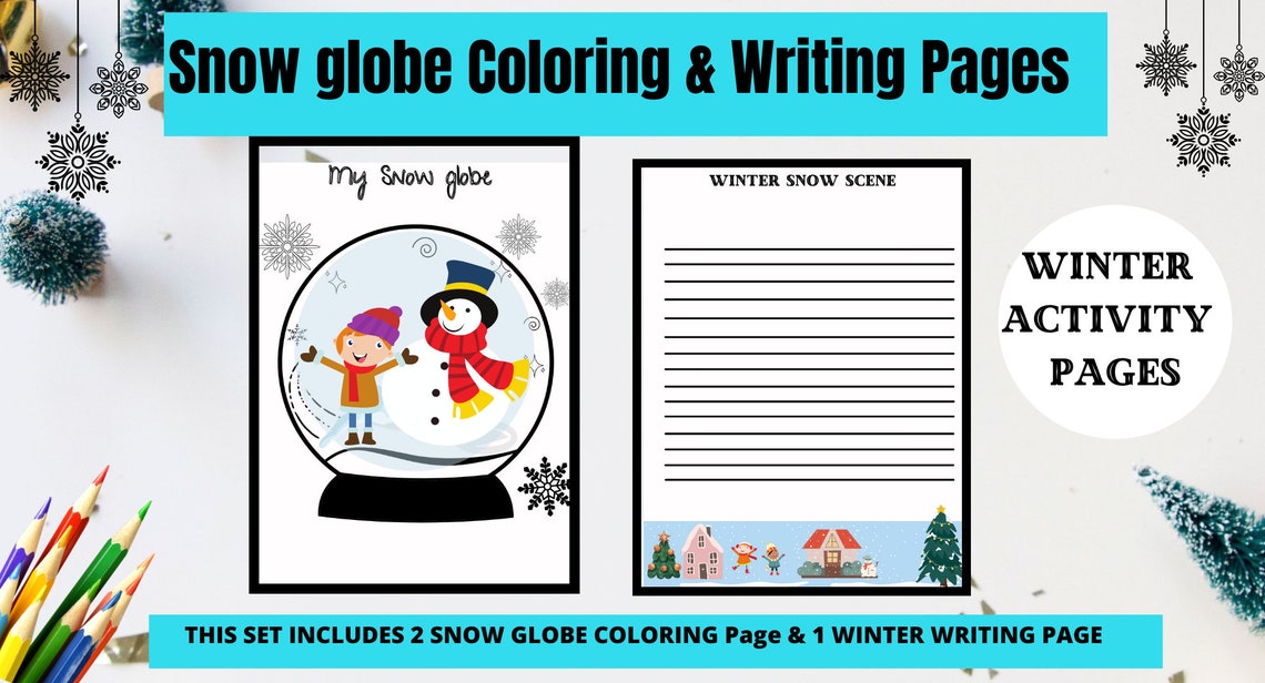 Snow Globe Coloring Page Winter Snow Scene PRINTABLE Writing Paperset ...