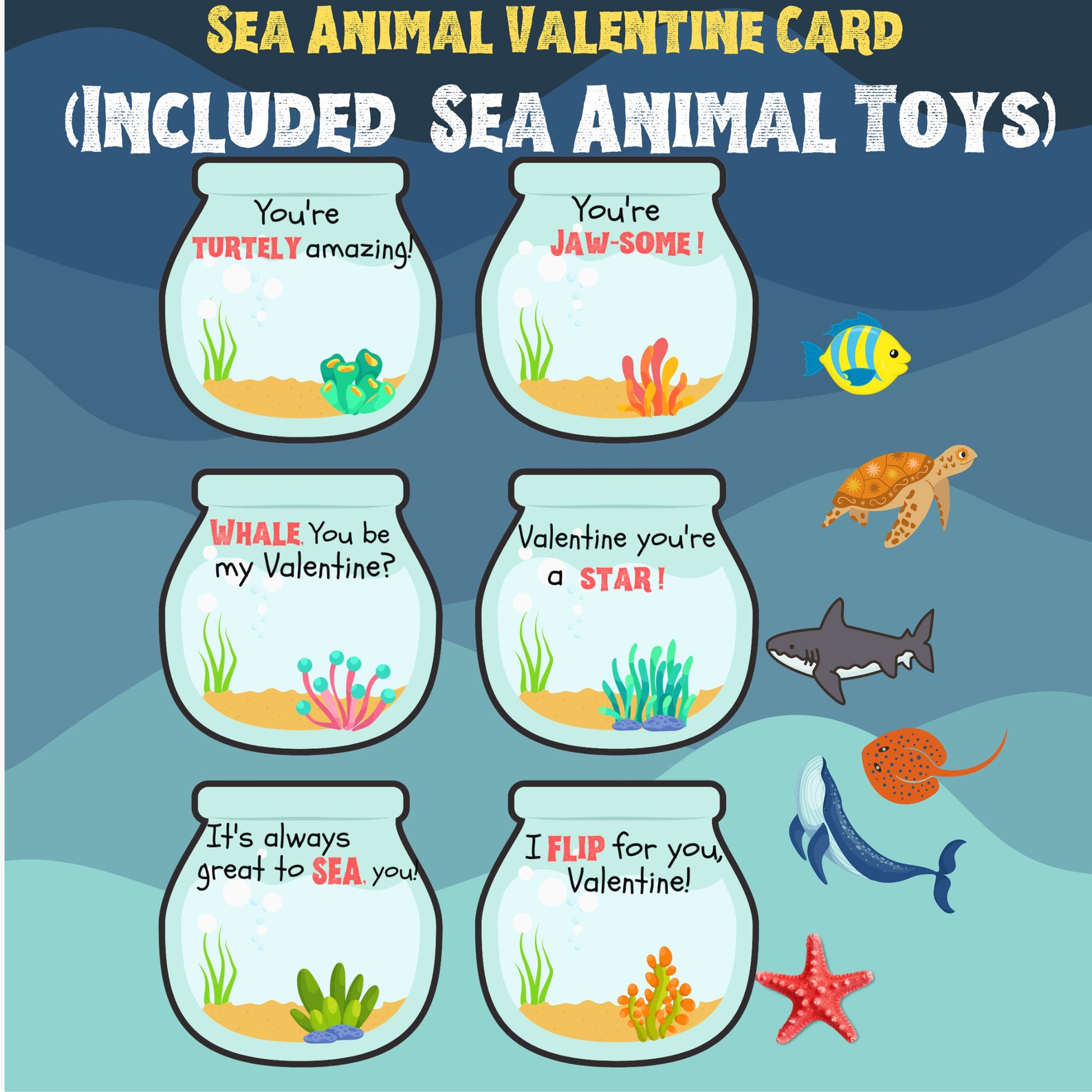 Valentines Day Cards for Kids/ Sea Theme Valentine Cards for School ...