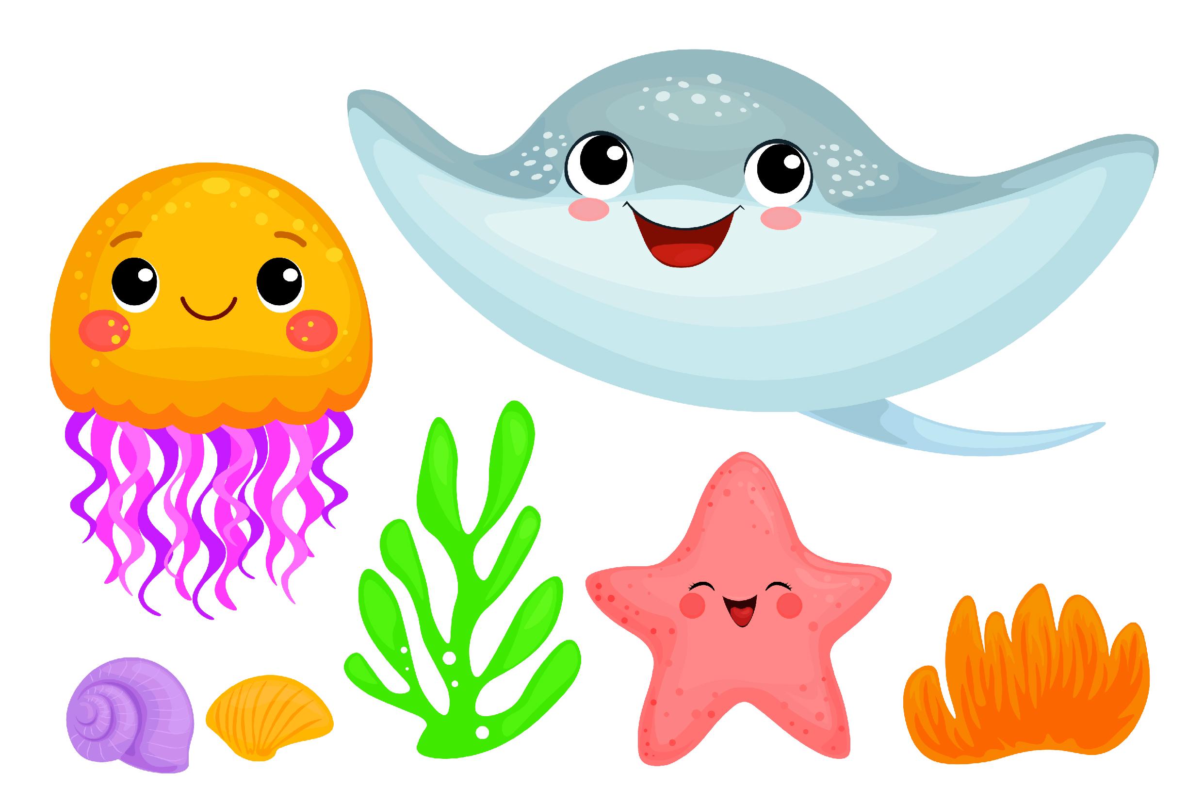 Printable Digital Funny Sea Animals Clipart Set – 10 PNG + Seaweed ...