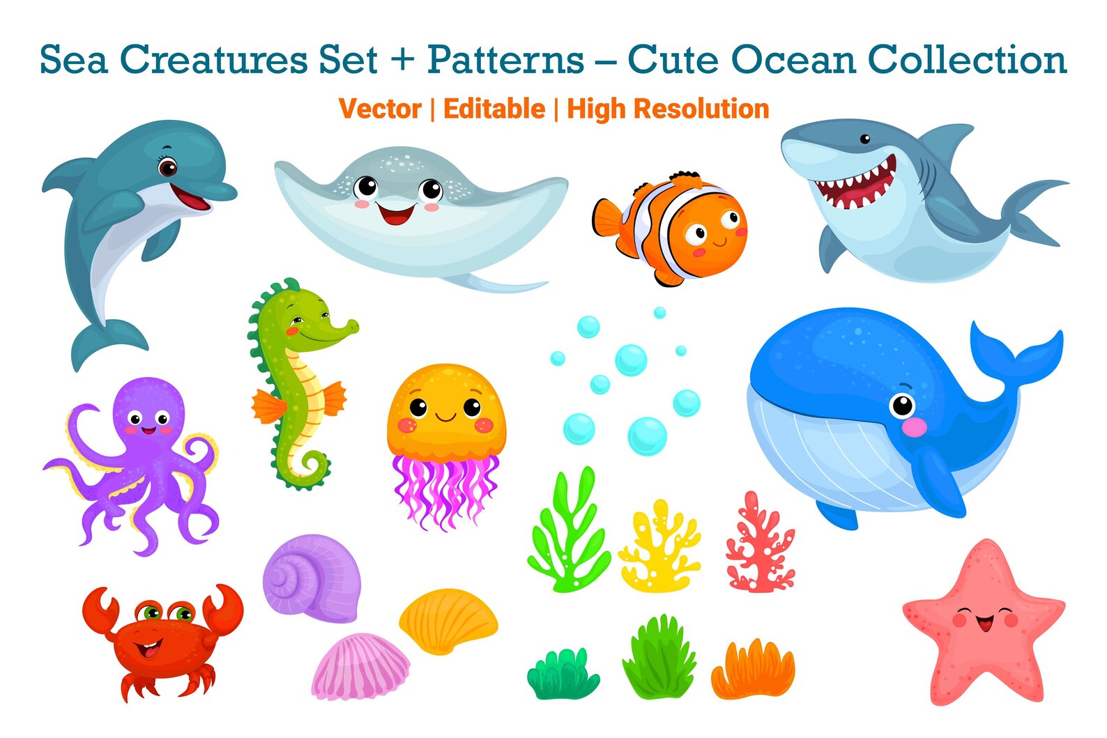 Printable Digital Funny Sea Animals Clipart Set – 10 PNG + Seaweed ...
