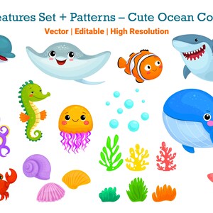 Printable Digital Funny Sea Animals Clipart Set – 10 PNG + Seaweed ...