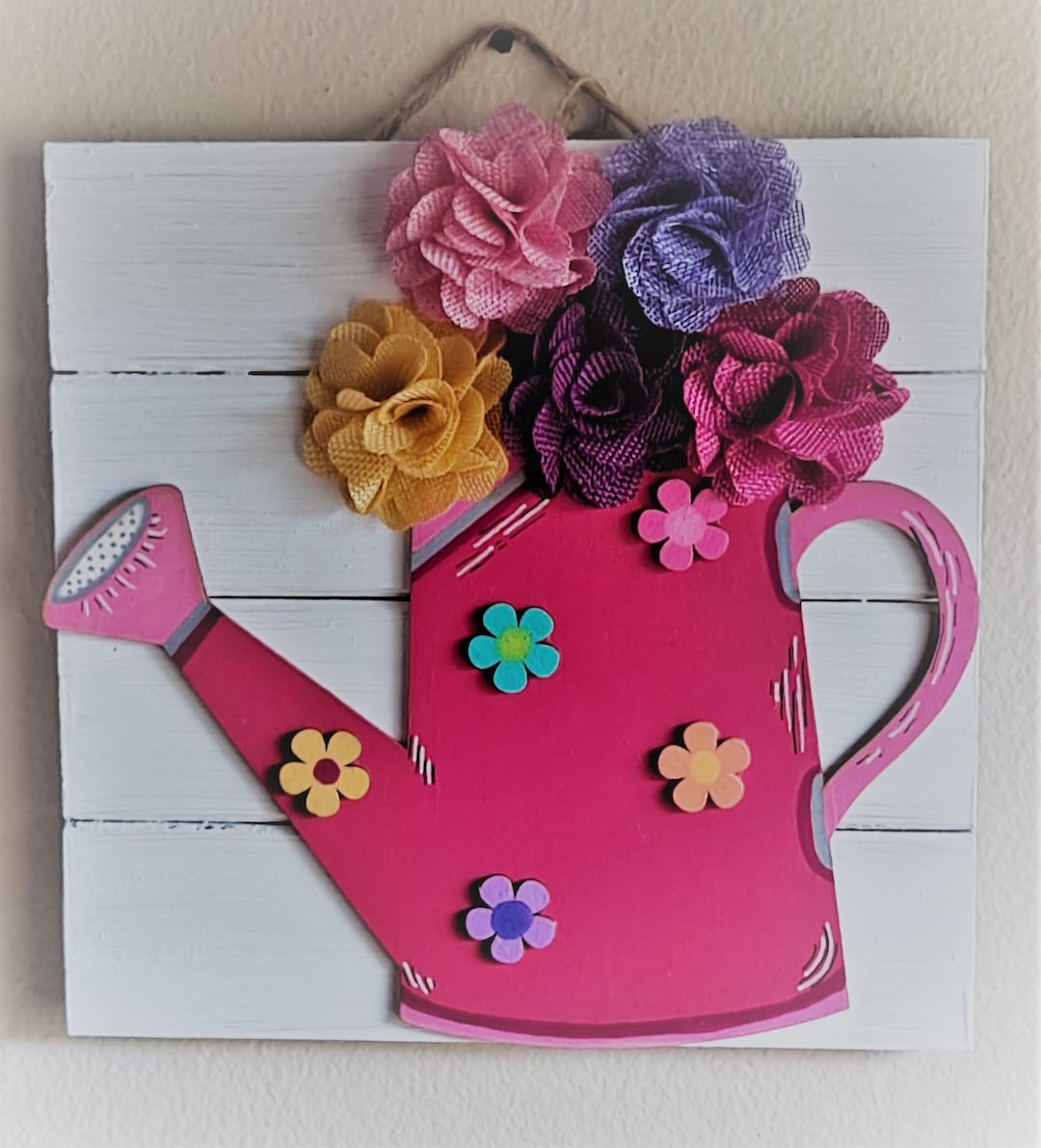 Floral Watering Can Pallet Sign: Burlap Flowers, Reclaimed Wood Decor ...