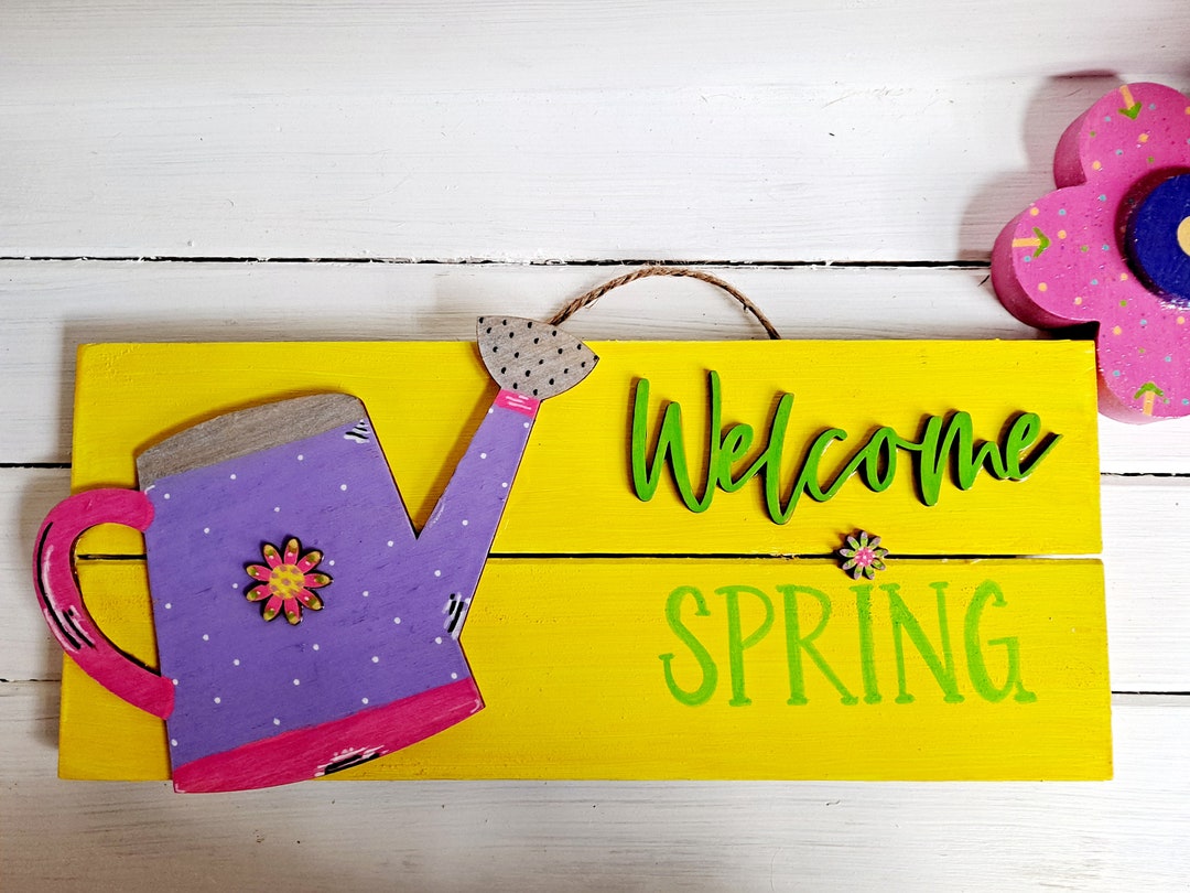 Welcome Spring Pallet Sign: Hand-painted Watering Can Door Hanger - Etsy