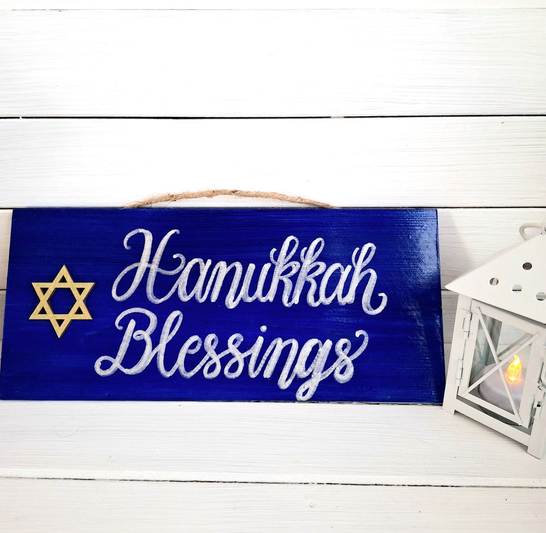 Hanukkah Sign, Hanukkah Blessings, Door Hanger, Wall Decor, Hand ...