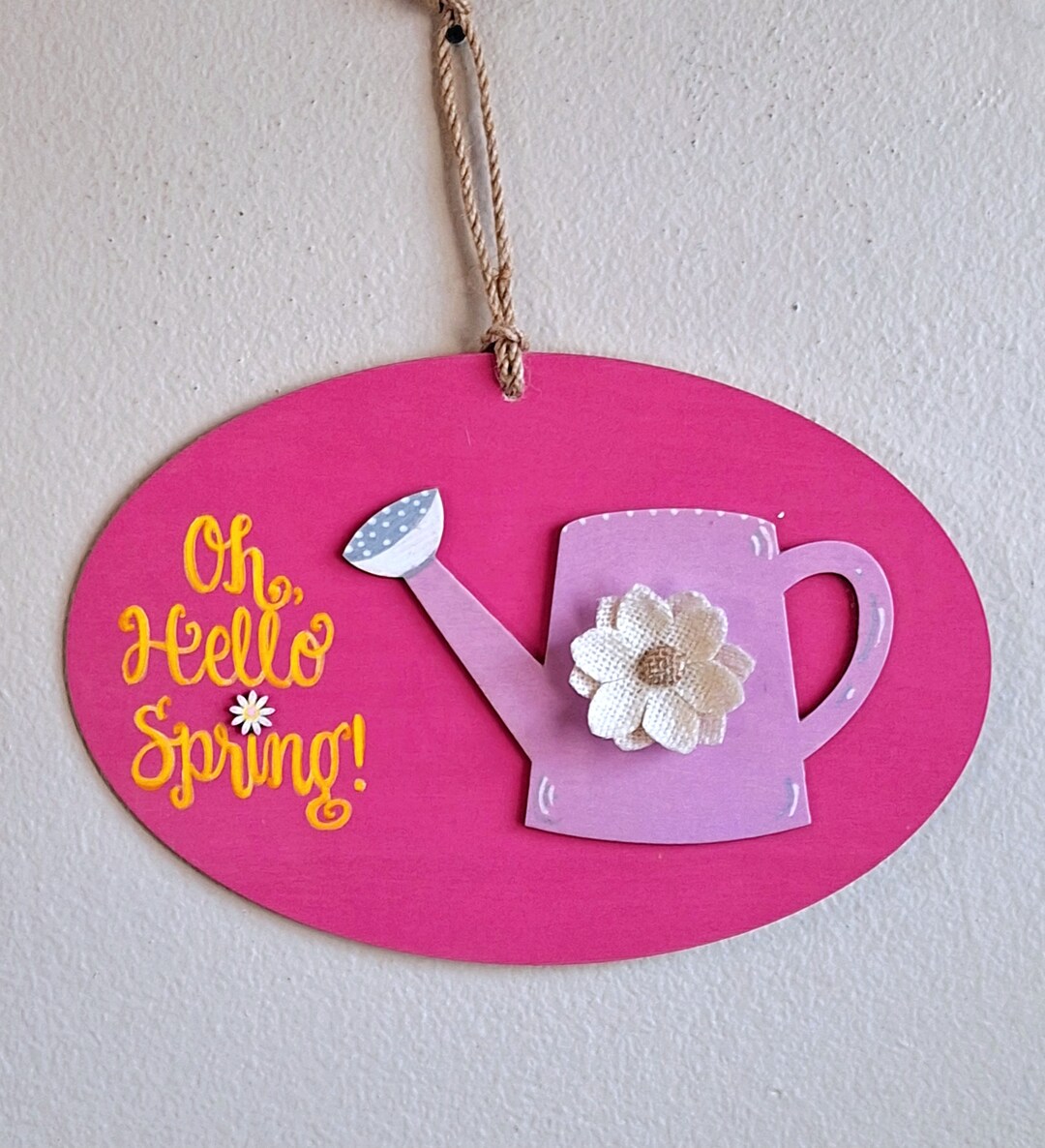 Oh Hello Spring Wreath Sign: Hand Painted Watering Can and Burlap ...