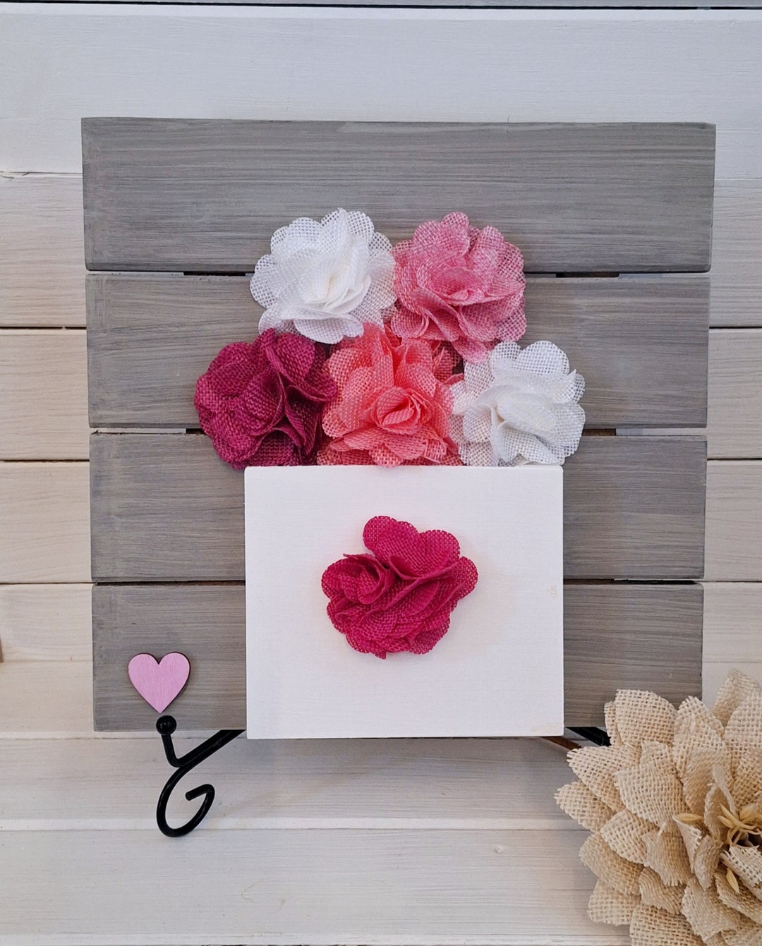 Pink Floral Pallet With Burlap Flowers Wall Hanging, Shabby Chic Decor ...
