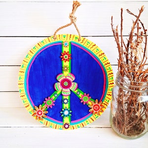 Peace Sign, Flower Power Sign, Peace Flower Sign, Hand Painted, Birch ...