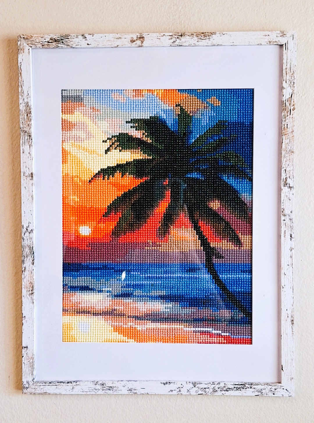 Hand-beaded Palm Tree Sunset Art: Framed Beadwork Painting - Etsy
