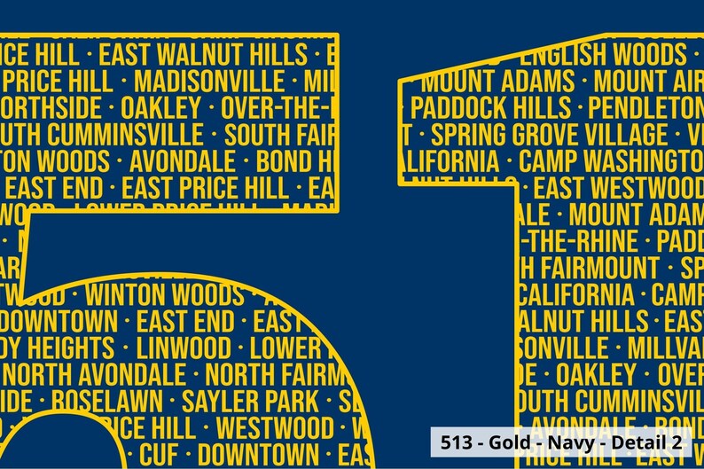 513 Area Code Cincinnati Ohio Neighborhoods Gold Navy Digital | Etsy