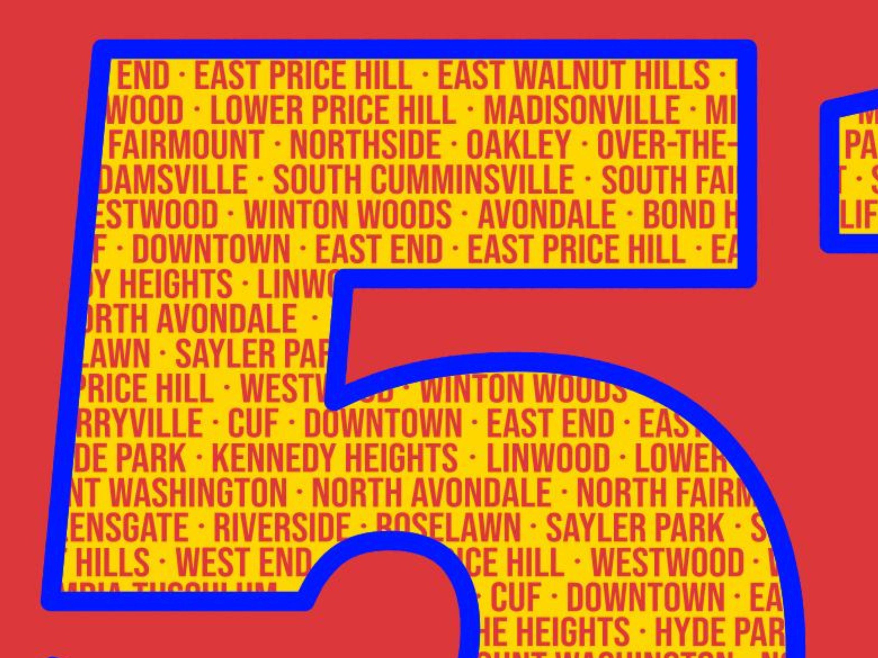 Cincinnati Neighborhoods Digital Art Print, Red, Gold, & Blue Ohio 513 ...