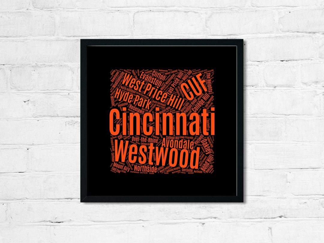 Cincinnati Neighborhoods Word Cloud Art Print, Digital Download, Orange ...
