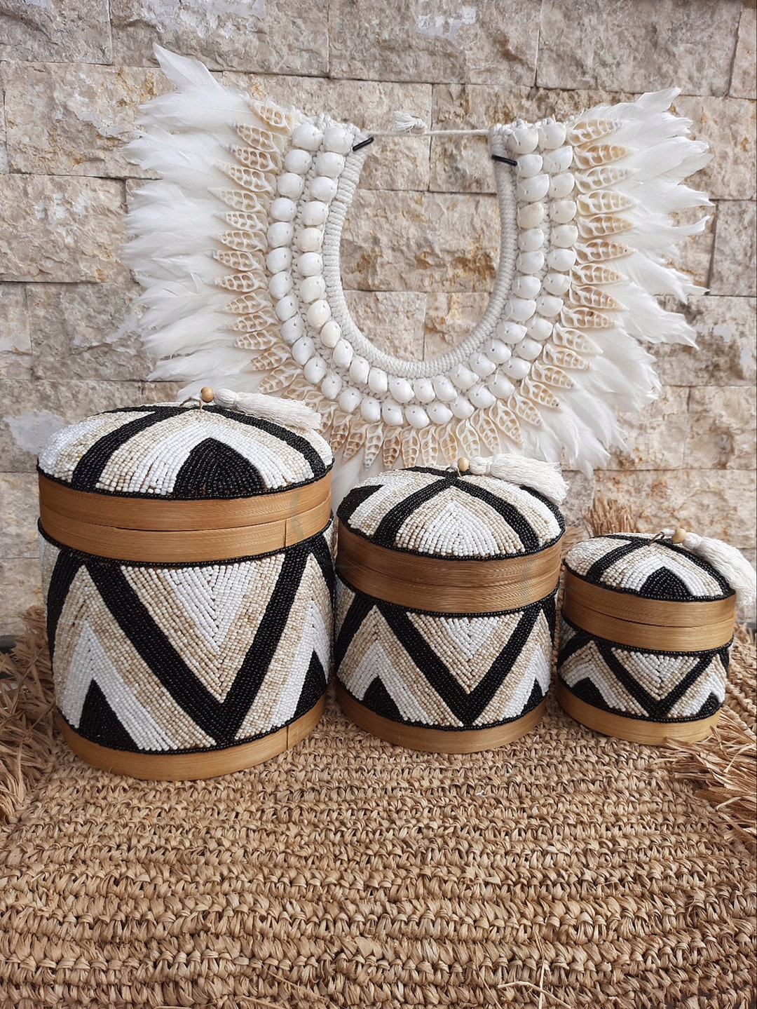 Bali Beaded Baskets, Bali Handmade, Bamboo Baskets, Set of 3 - Etsy ...