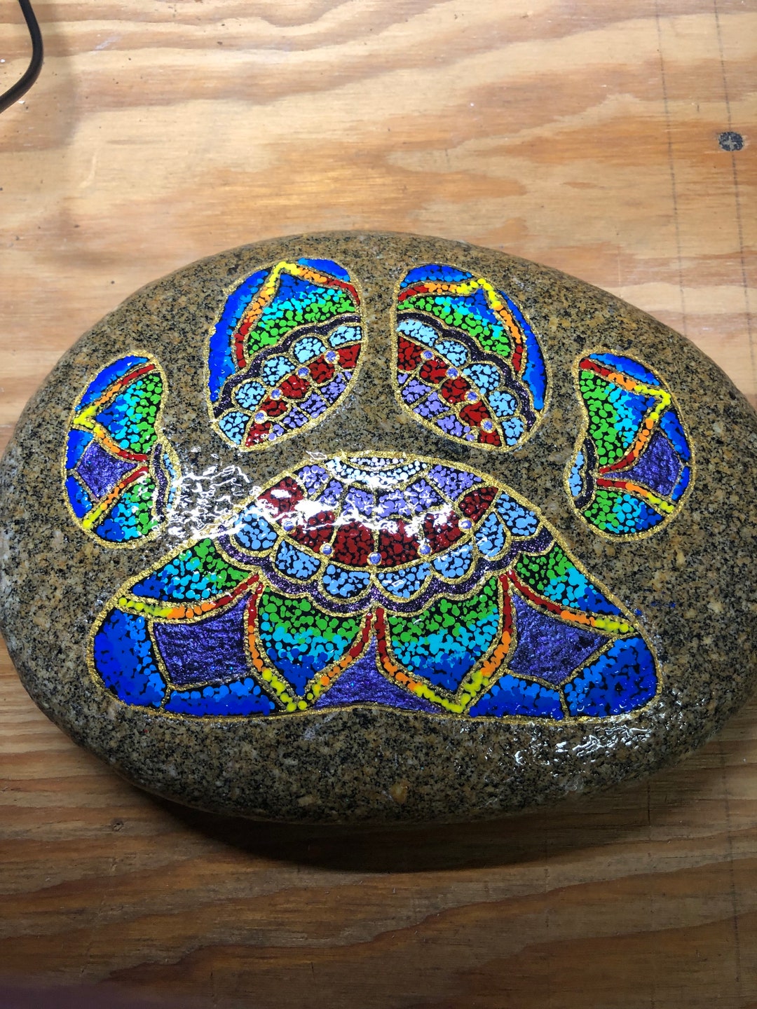 Extra Large Rock With Multi-patterned Paw Print, Acrylic Paint, Resined ...