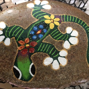 Extra Large Rock, Gecko With Flowers, Acrylic Paint, Resined for ...