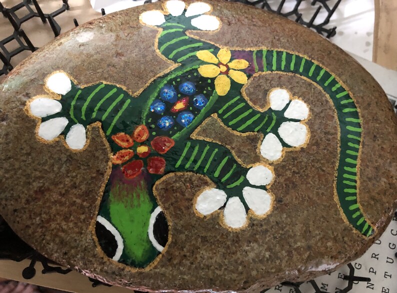 Extra Large Rock, Gecko With Flowers, Acrylic Paint, Resined for ...