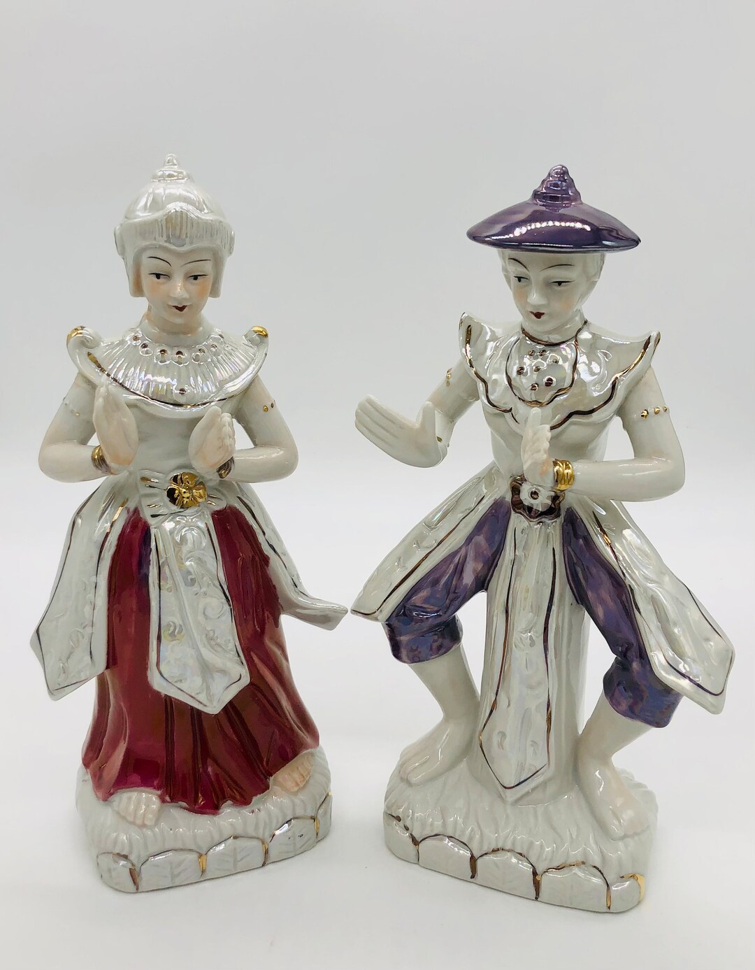 Vintage Iridescent Porcelain Chinese Man and Woman Figurines - Etsy