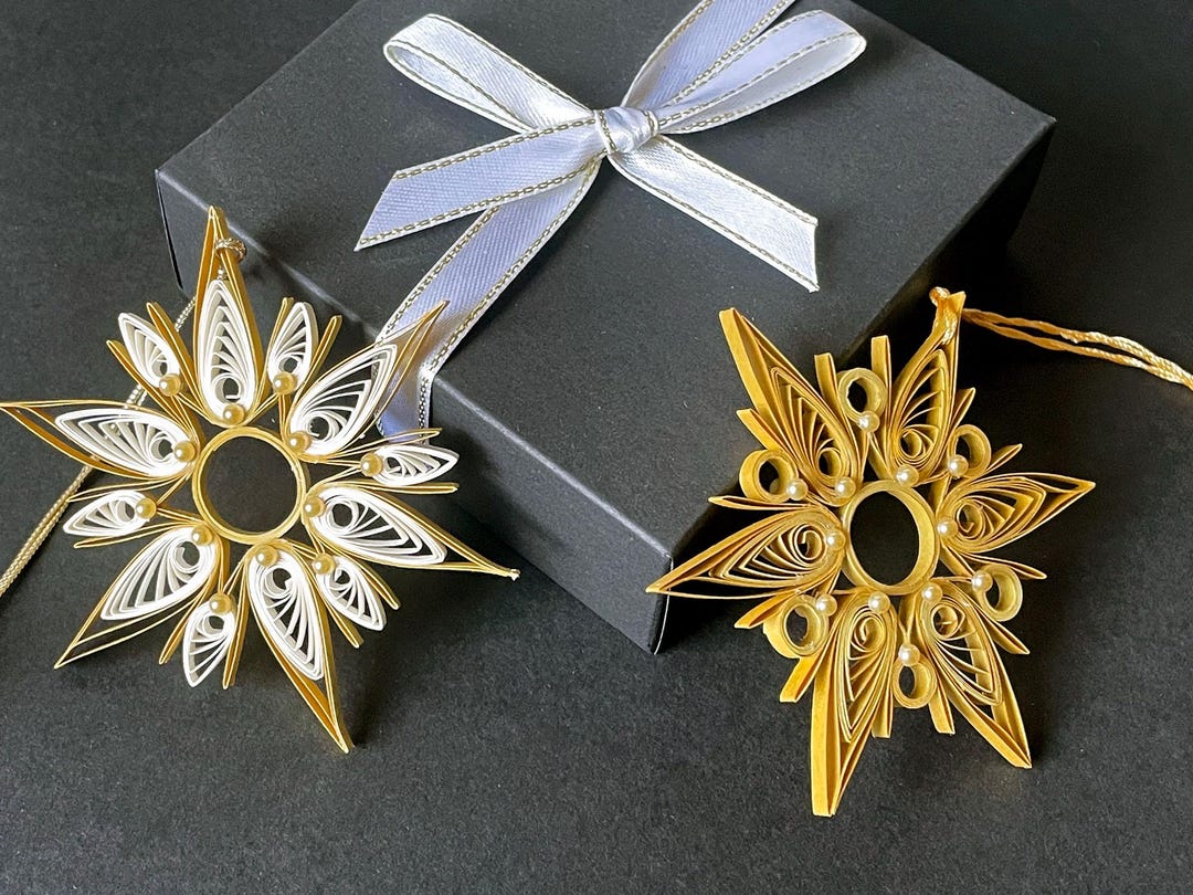 Handmade Quilling Paper Star Ornaments – White & Gold, Pearl Accents ...