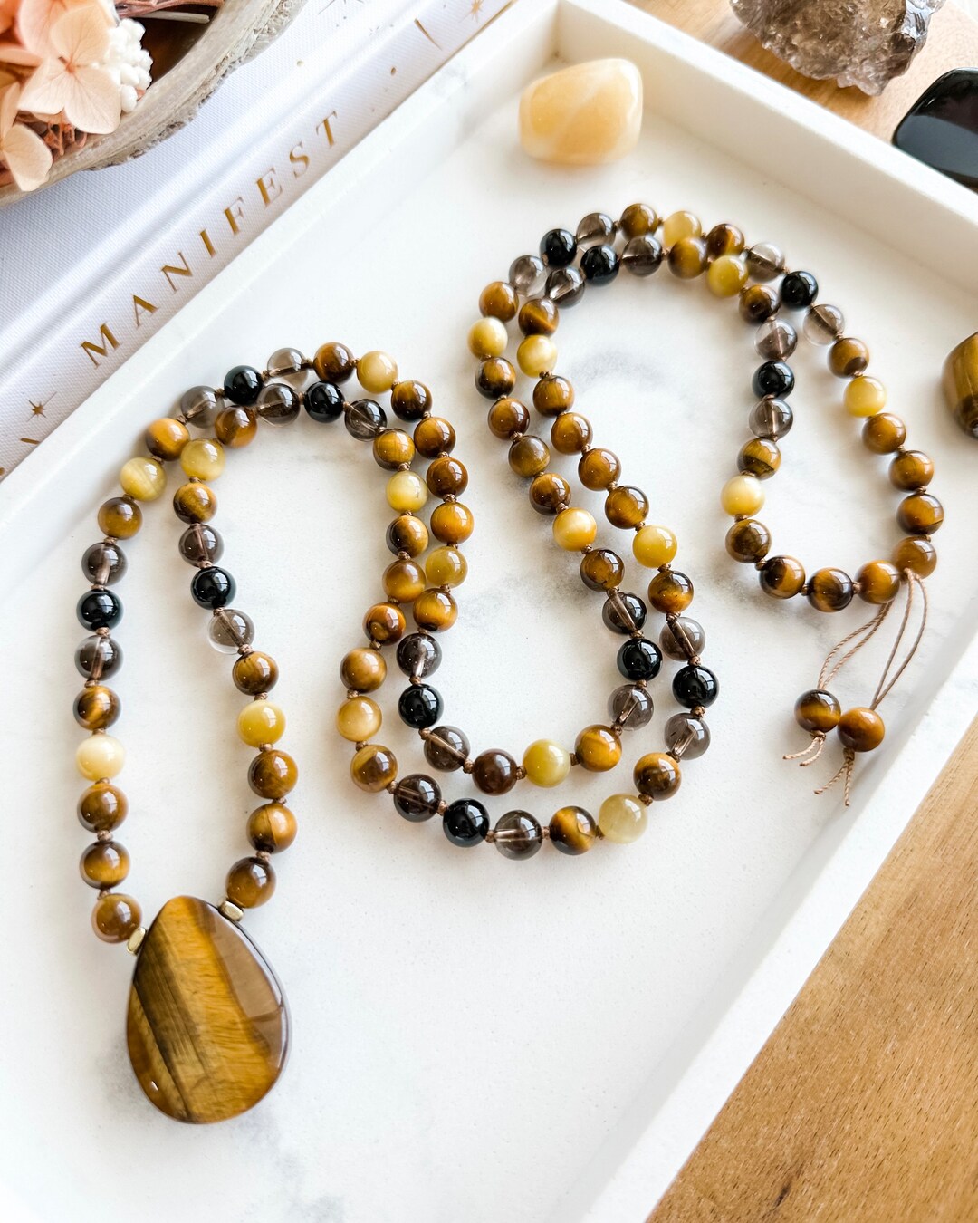 RECLAIM YOUR POWER Mala Necklace Onyx, Smoky Quartz Tiger Eye Mala Bead ...