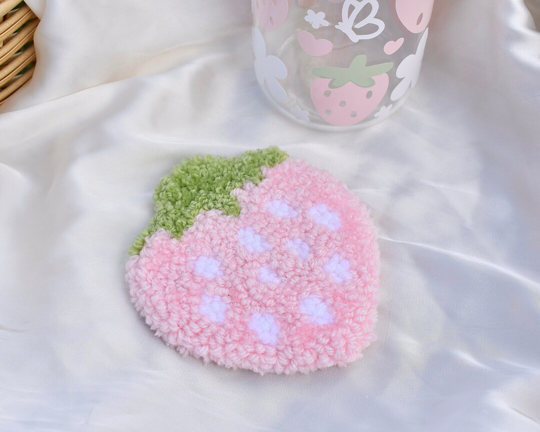 Pink Strawberry Mug Rug Handmade Coaster Drink Coaster - Etsy