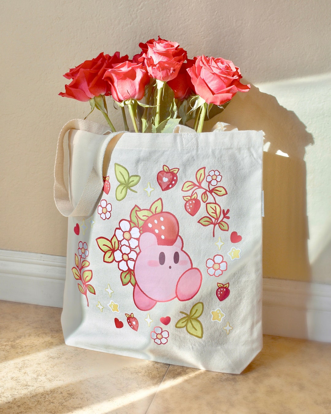 Strawberry Kirby Tote Bag Grocery Book Bag Organic Cotton Canvas - Etsy