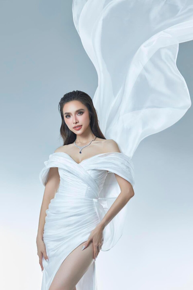 Elegant Off-shoulder White Evening Gown, High-slit Formal Dress, Draped ...