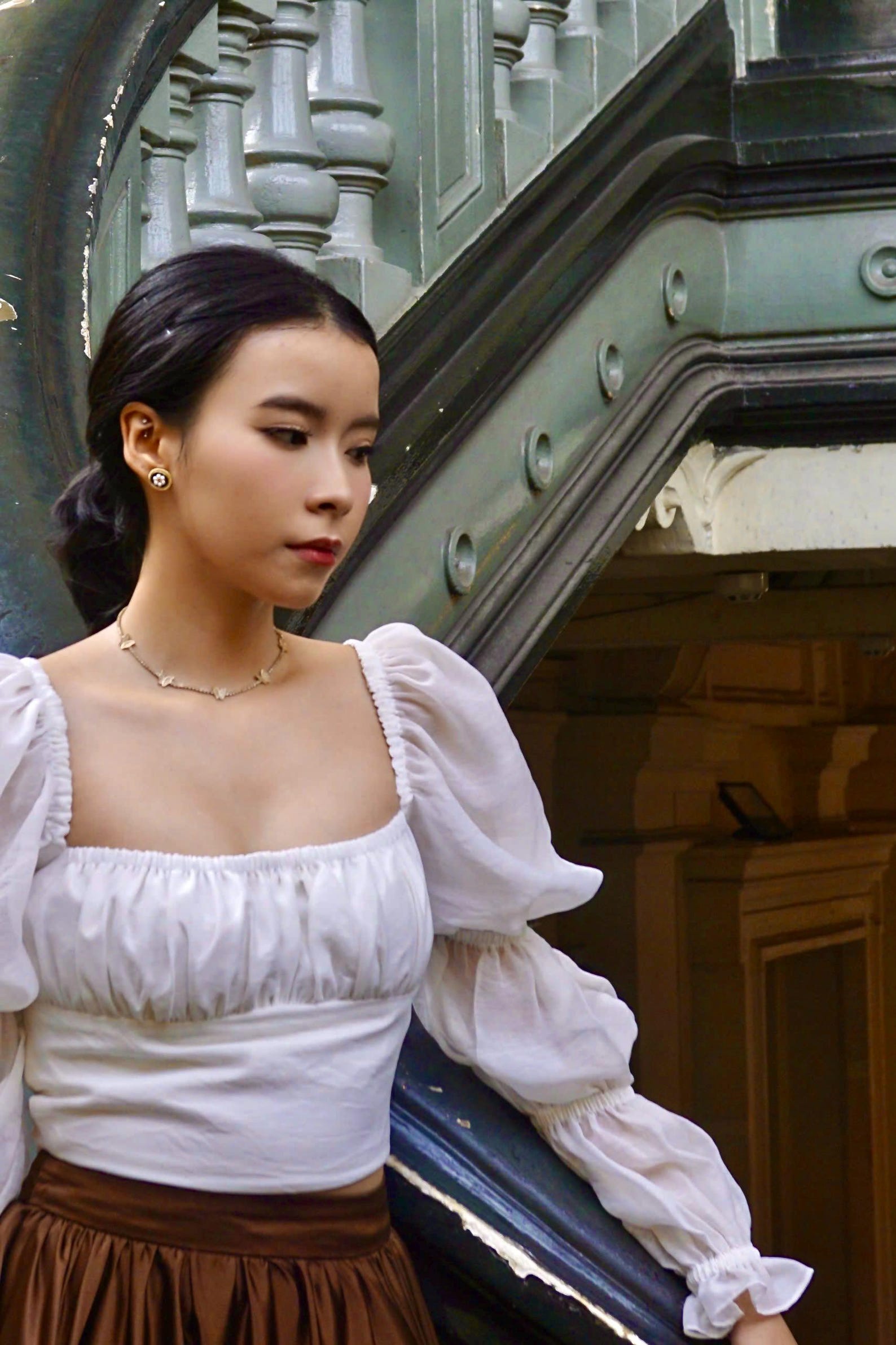 Callista Crop Top White Puff Sleeve Crop Top Chiffon Smocked Blouse Tie Back Romantic Top ...