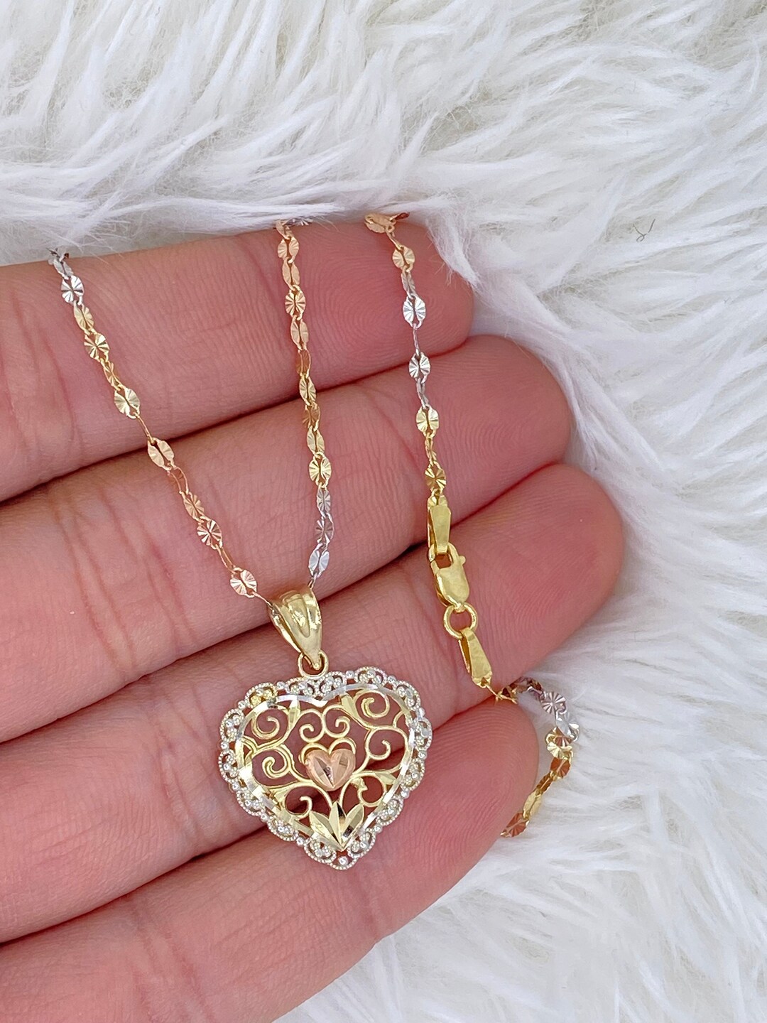 Solid 10K Gold Tri-tone Chain and Heart Pendant, Perfectly Paired ...