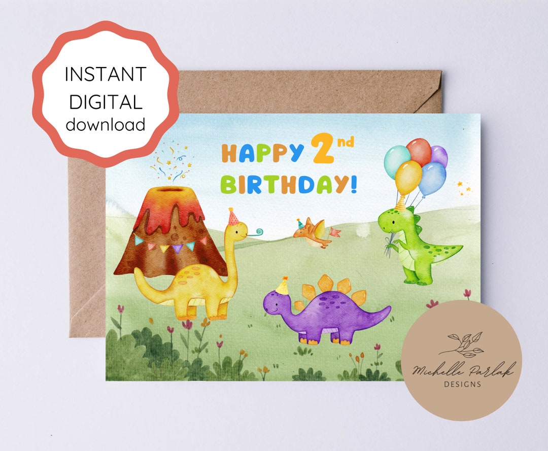 Printable Dinosaur Card for 2 Year Old Happy 2nd Birthday Card Boy ...