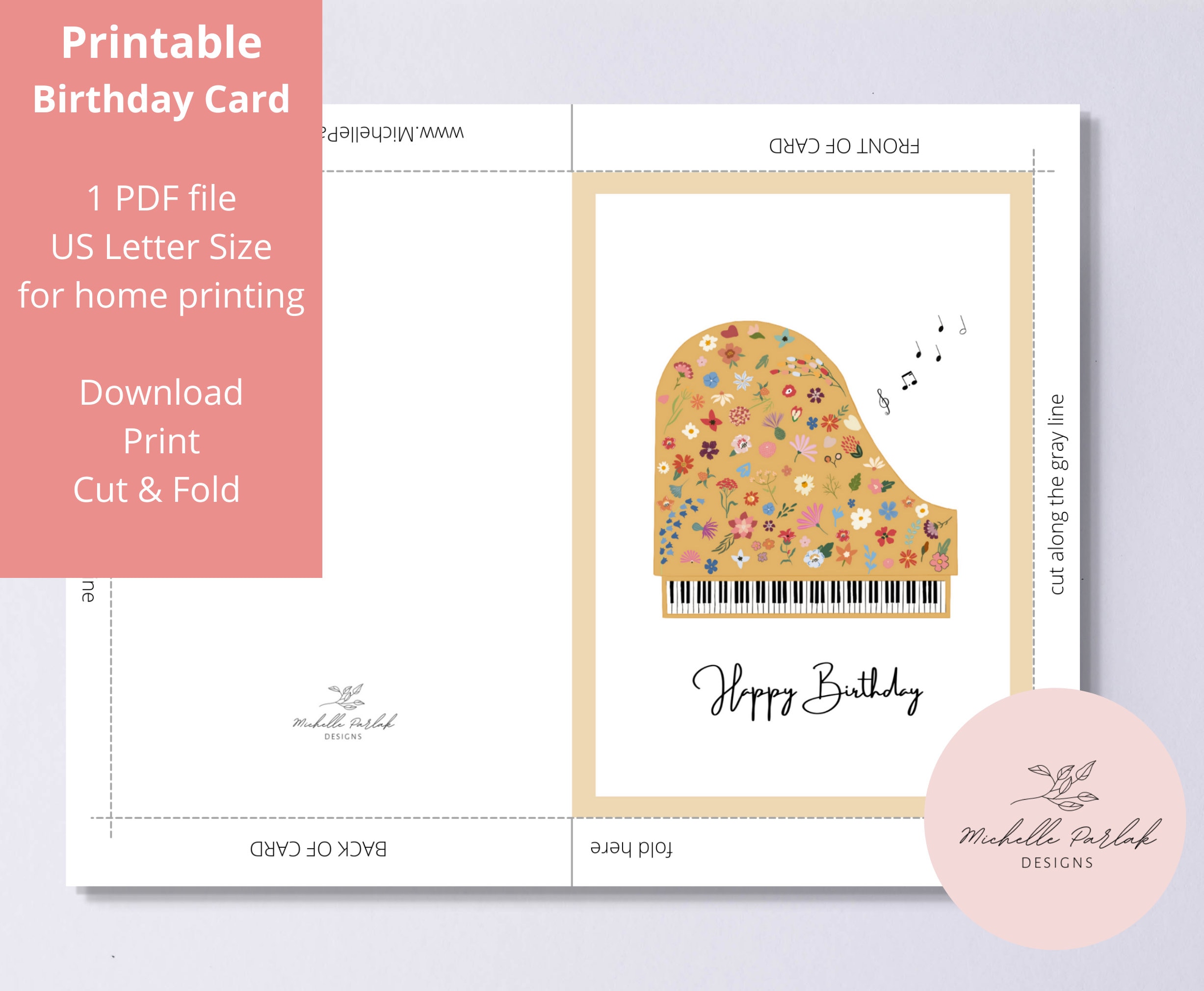 Piano Birthday Card Floral Instant Digital Download Card for Pianist ...