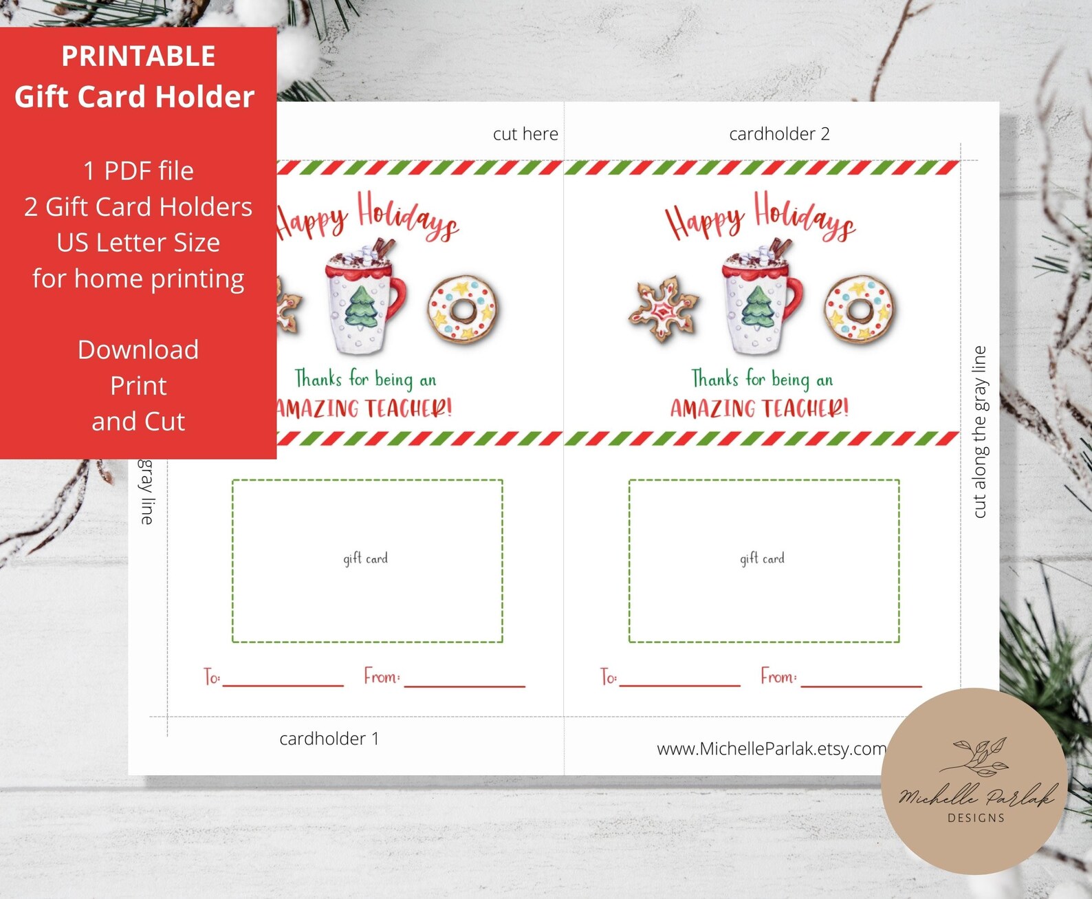 Printable Christmas Gift Card Holder, Teacher Appreciation Gift ...