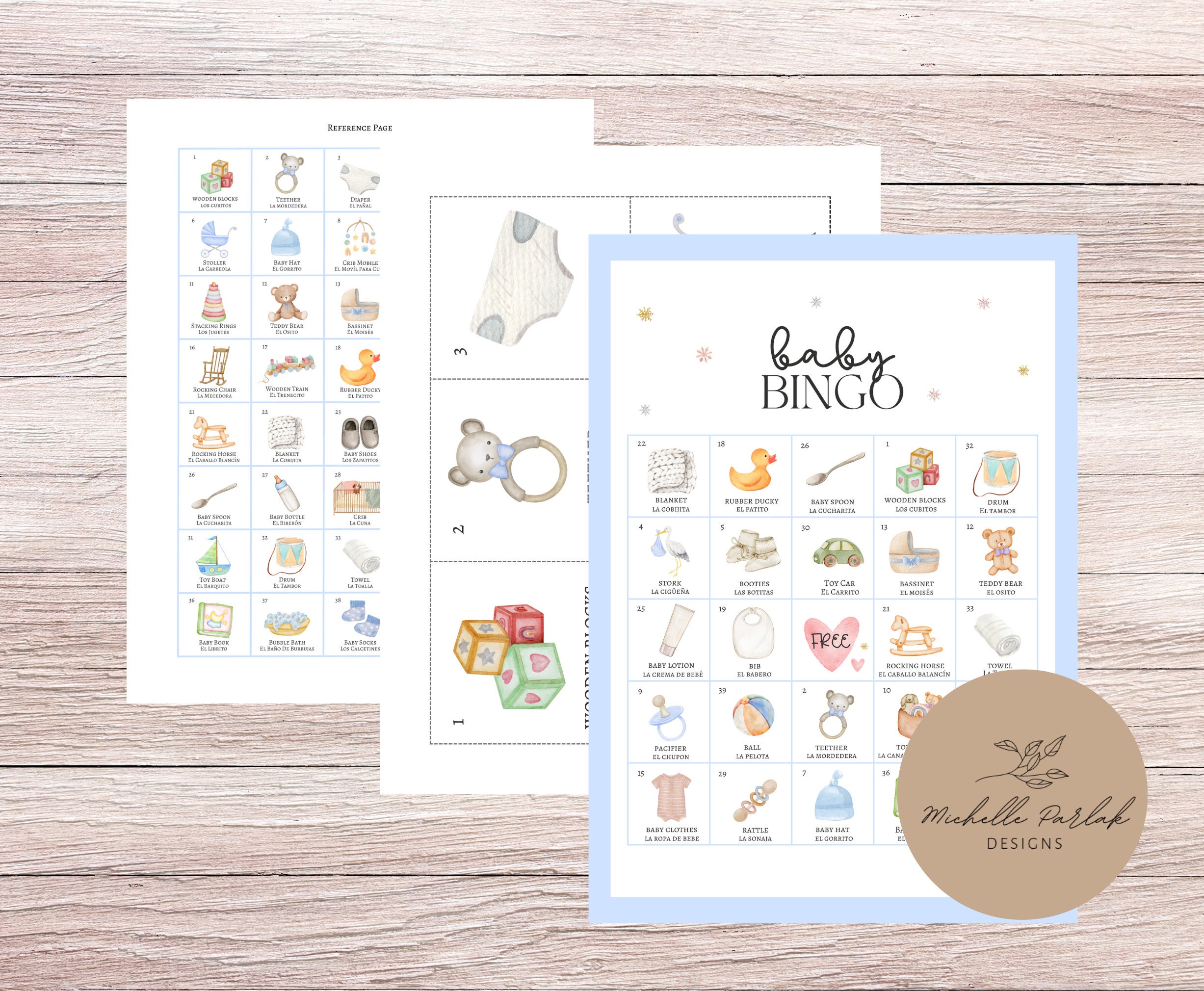 Printable English and Spanish Baby Bingo Bebe Lotería Game Baby Boy ...