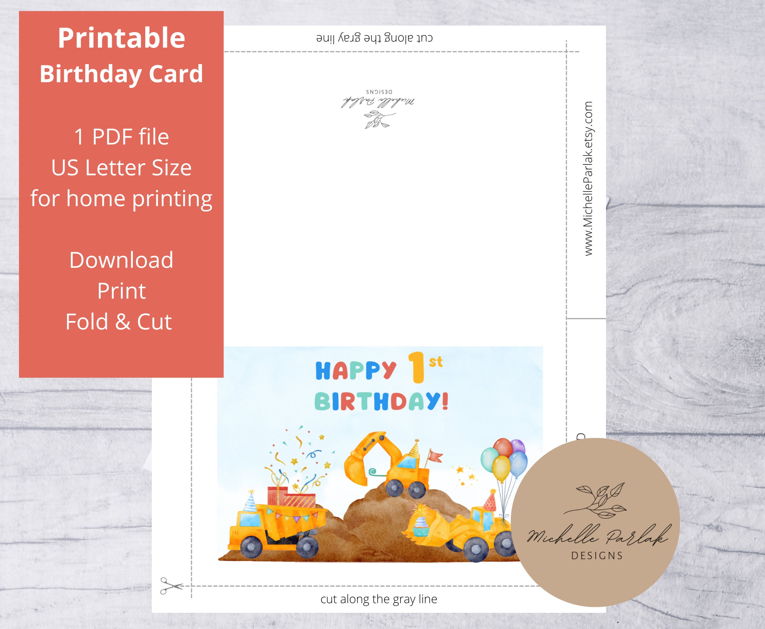 Printable Construction Truck Birthday Card 1 Year Old Happy 1st ...