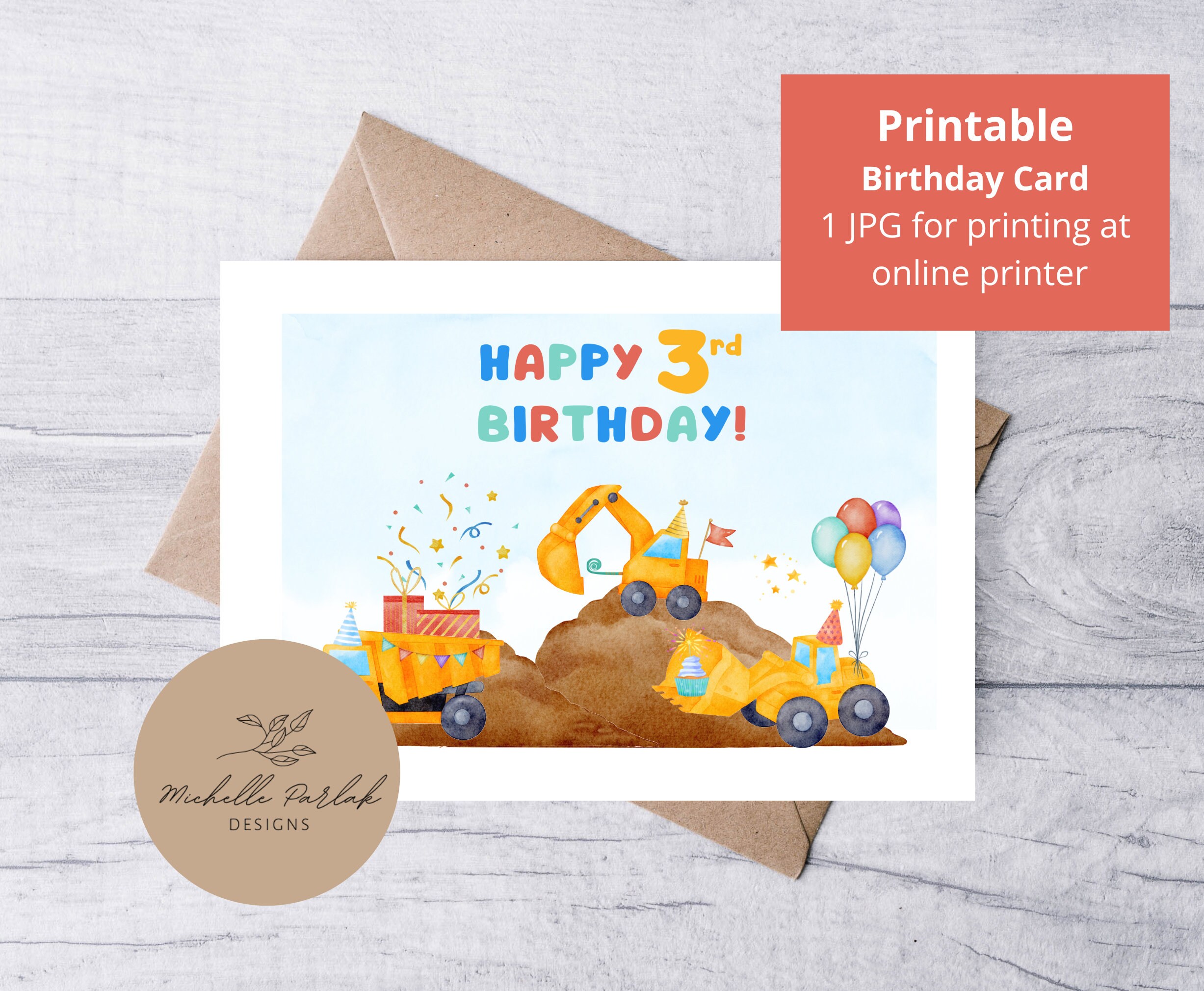 Printable Construction Truck Birthday Card for 3 Year Old Happy 3rd ...