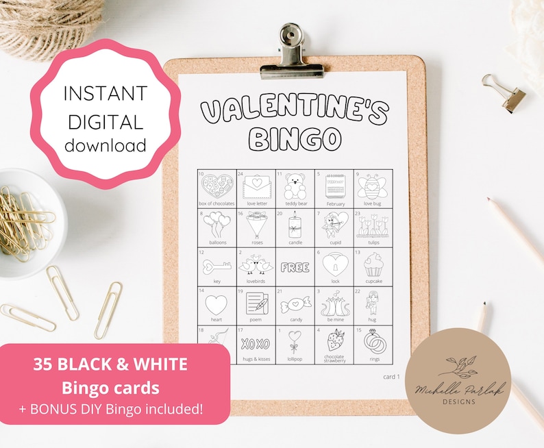Printable Valentine's Day Bingo Cards, Black and White Printable DIY ...
