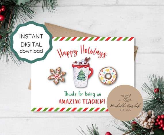 Printable Christmas Card for Teacher Instant Download 7x5 - Etsy