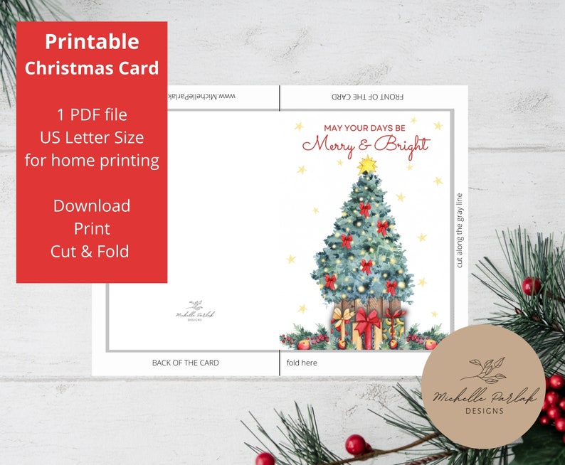Printable Christmas Card, Watercolor Christmastree Greeting Card ...