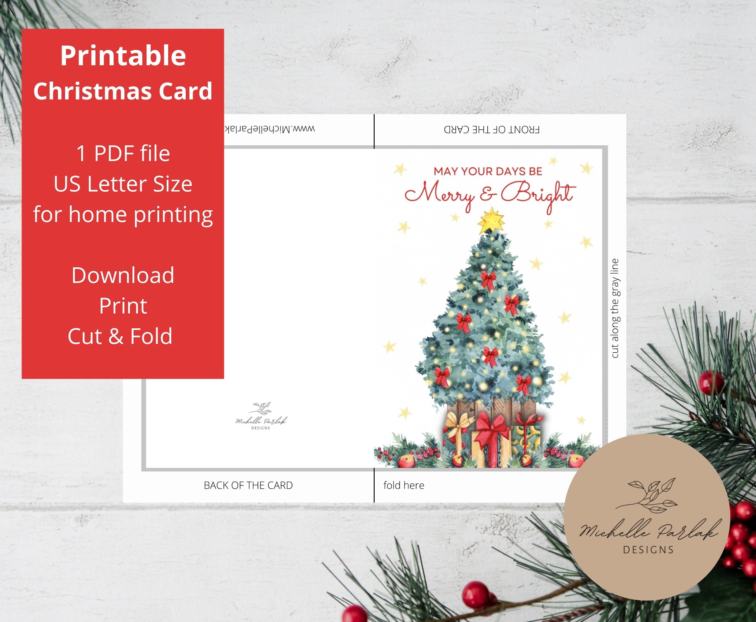Printable Christmas Card, Watercolor Christmastree Greeting Card ...