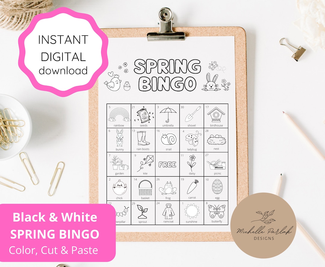 Spring Bingo Black and White Printable Bingo for Classroom Coloring ...