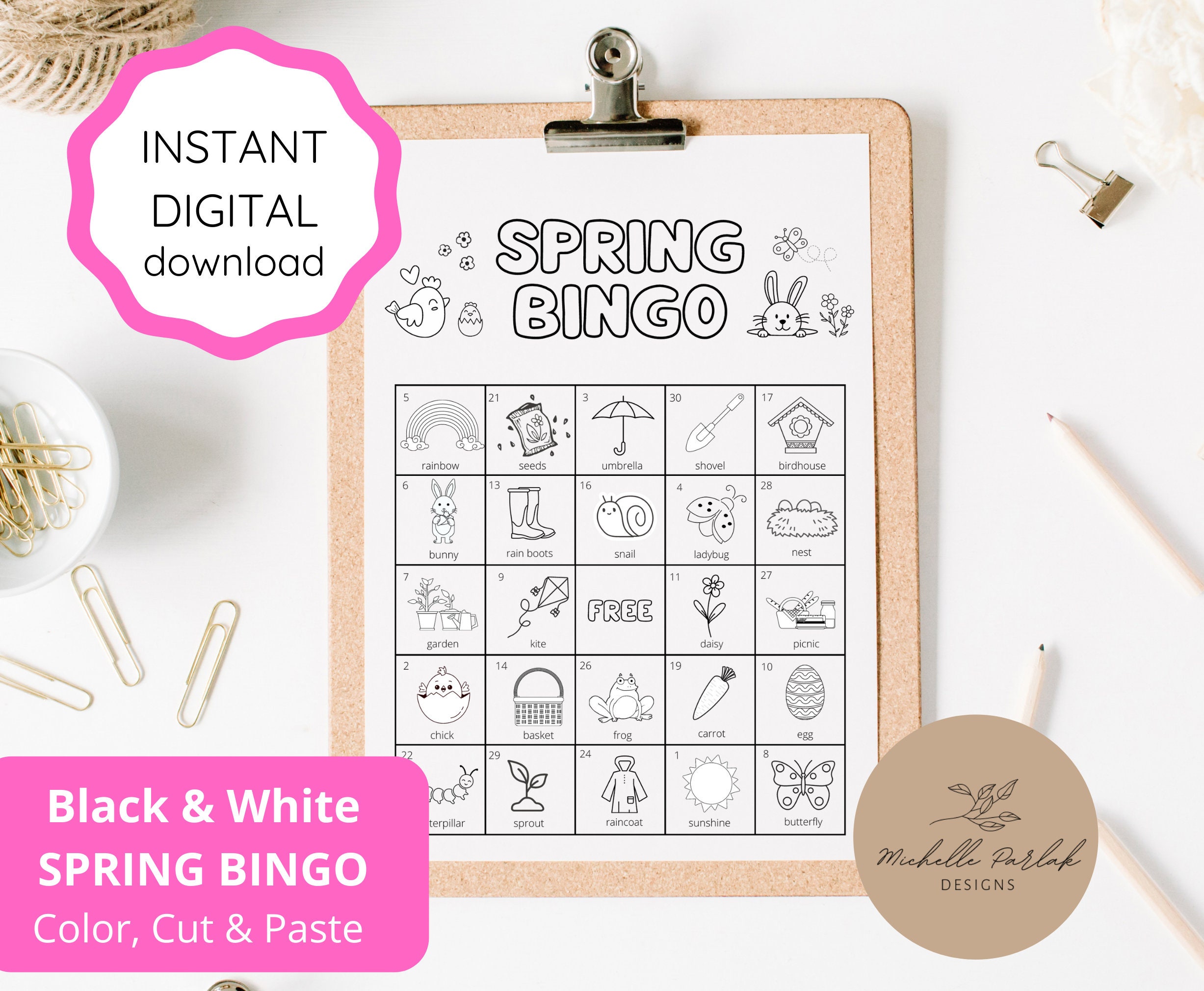 Spring Bingo Black and White Printable Bingo for Classroom Coloring ...