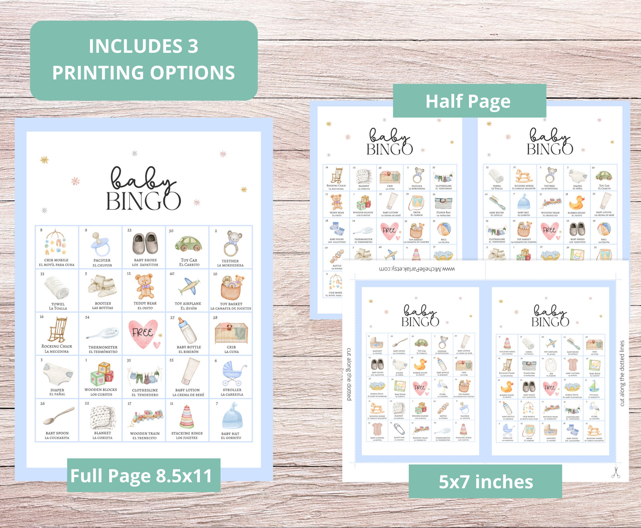 Printable English and Spanish Baby Bingo Bebe Lotería Game Baby Boy ...