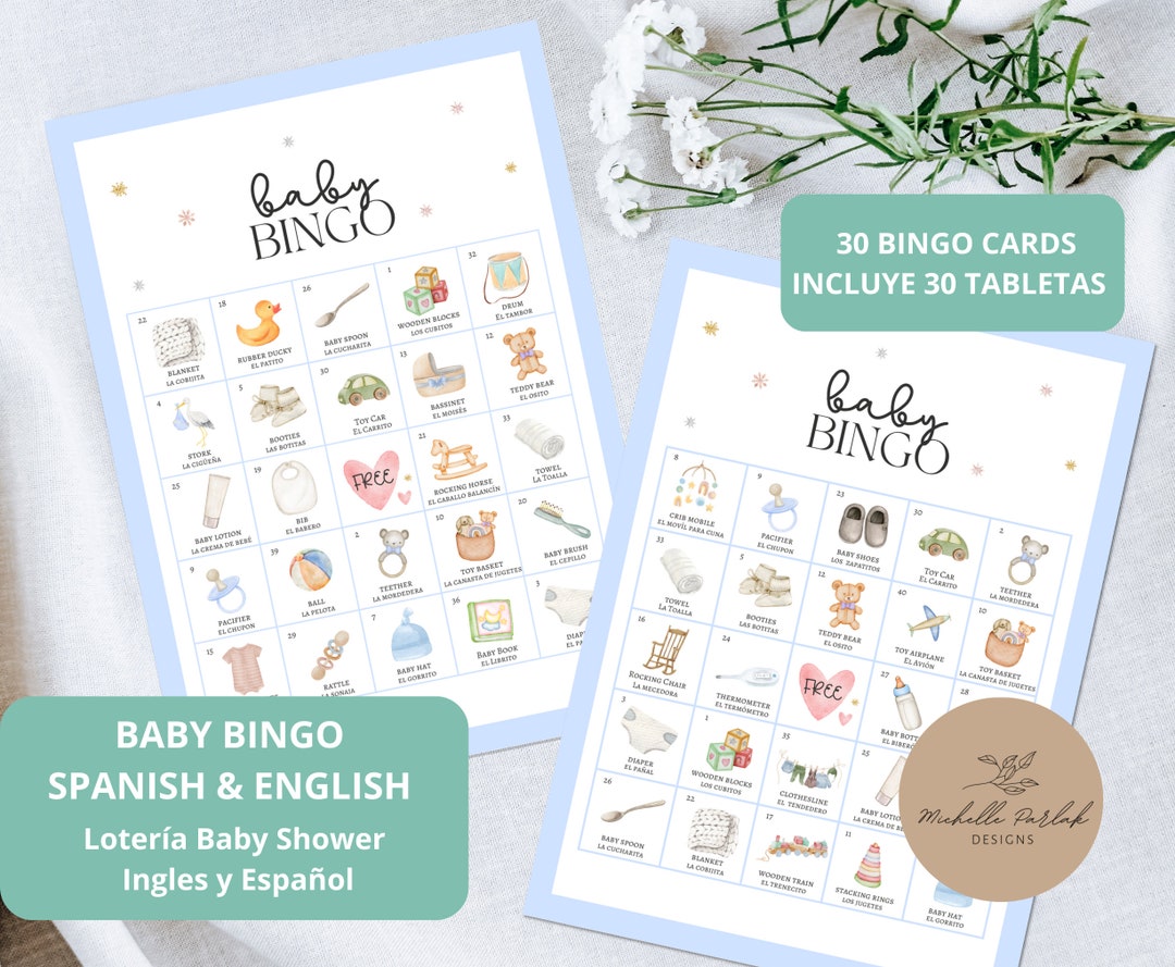 Printable English and Spanish Baby Bingo Bebe Lotería Game Baby Boy ...