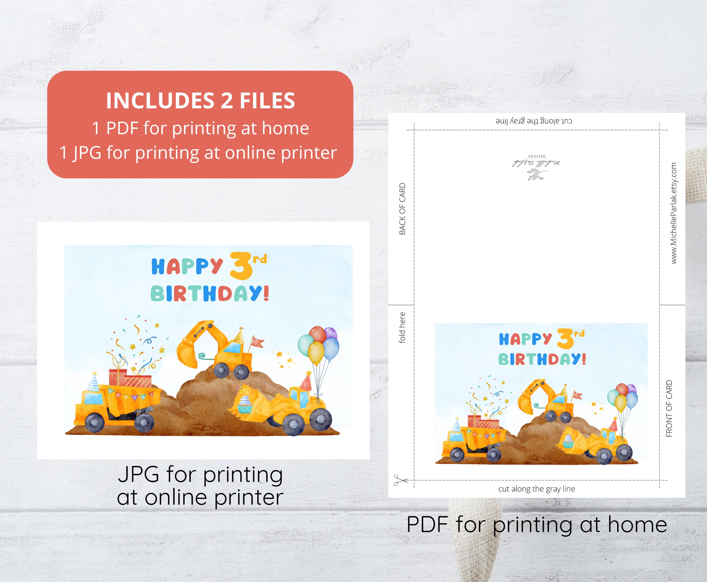 Printable Construction Truck Birthday Card for 3 Year Old Happy 3rd ...