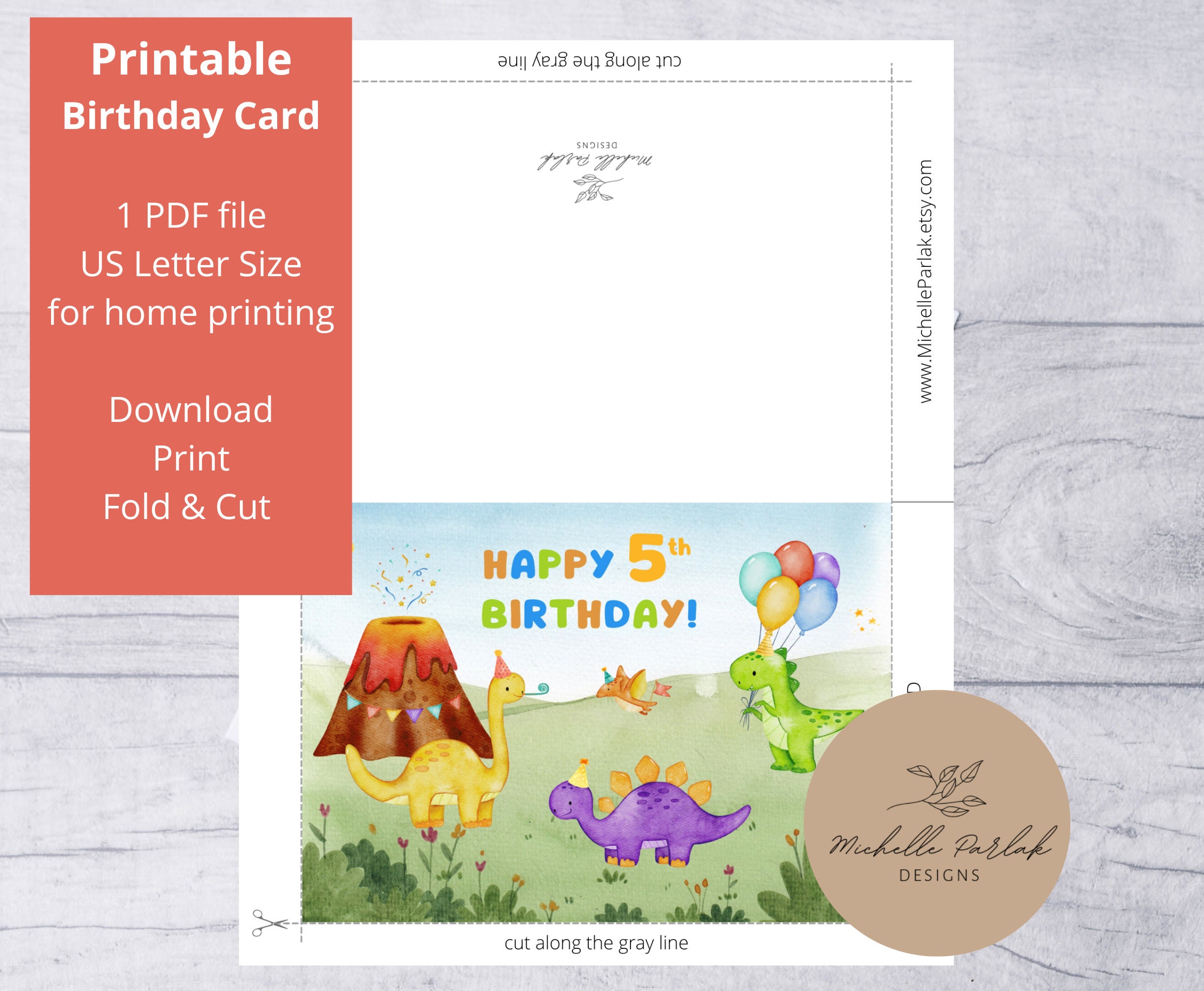 Happy 5th Birthday Printable Birthday Card Dinosaur Theme 5 Year Old ...