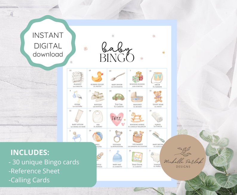 Printable English and Spanish Baby Bingo Bebe Lotería Game Baby Boy ...