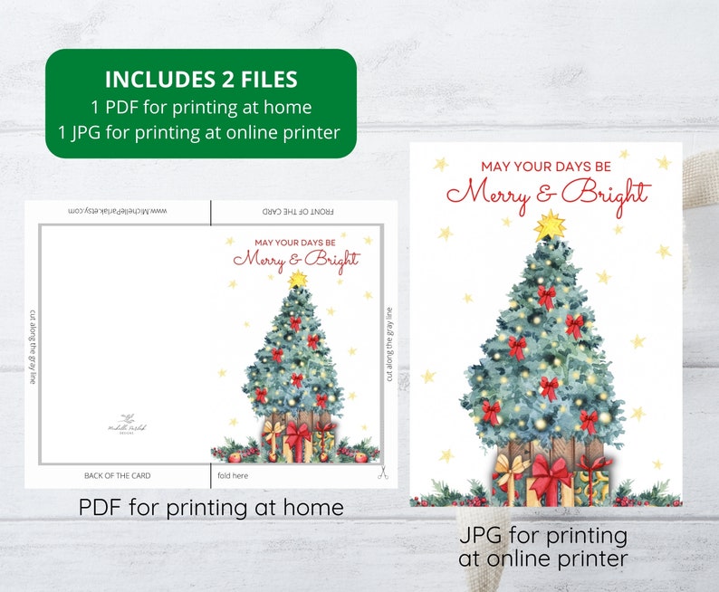 Printable Christmas Card, Watercolor Christmastree Greeting Card ...