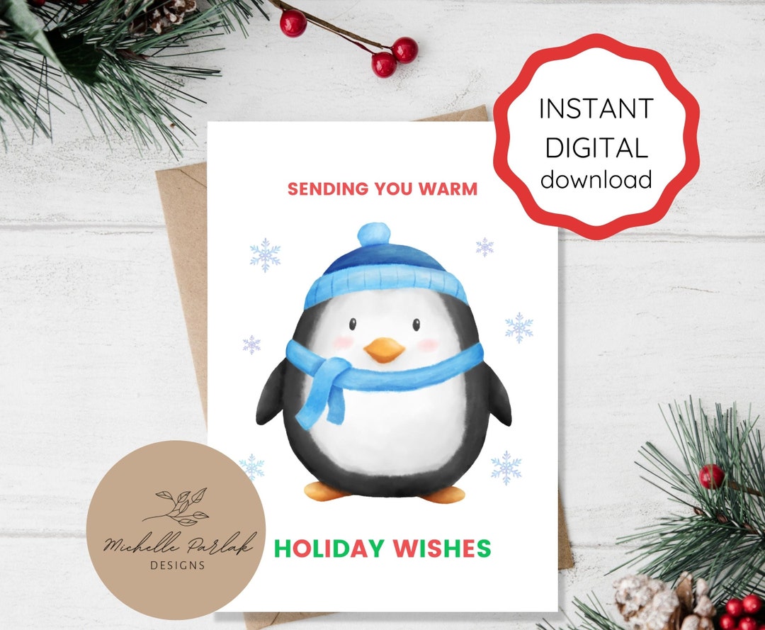 Cute Printable Christmas Card, Penguin Christmas Greeting Card Instant ...