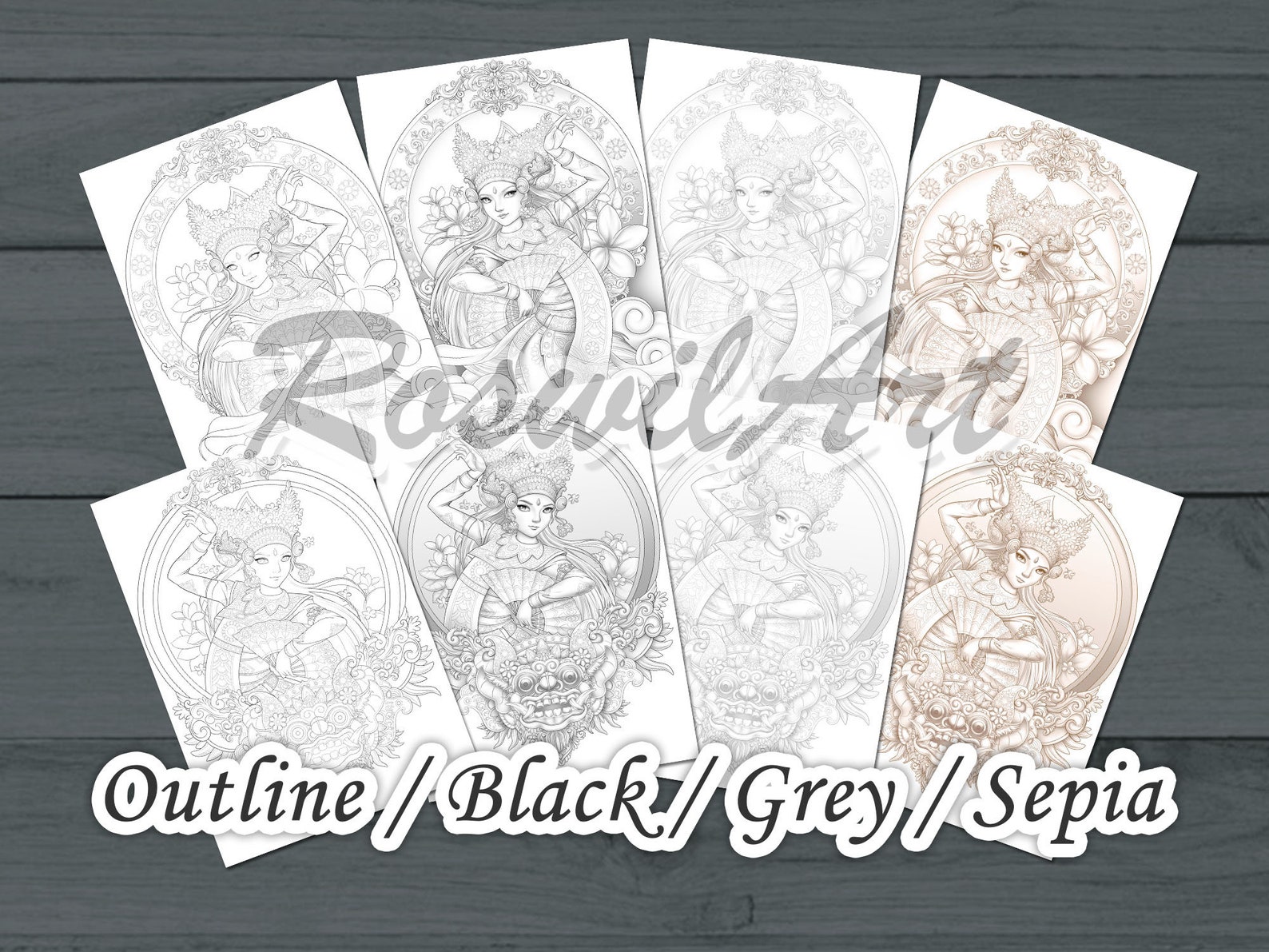 Bali Dance Roswilart Coloring Page for Adult Greyscale Coloring Page ...
