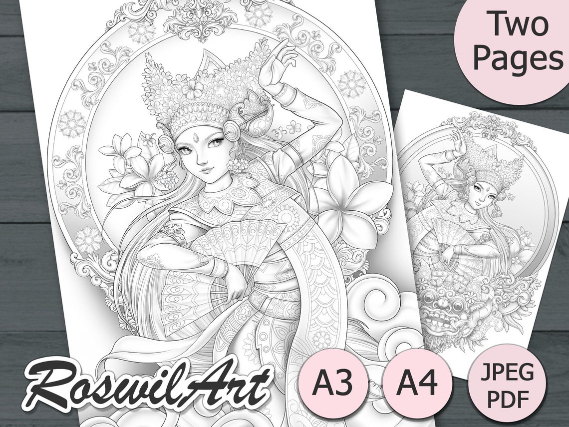 Bali Dance Roswilart Coloring Page for Adult Greyscale Coloring Page ...